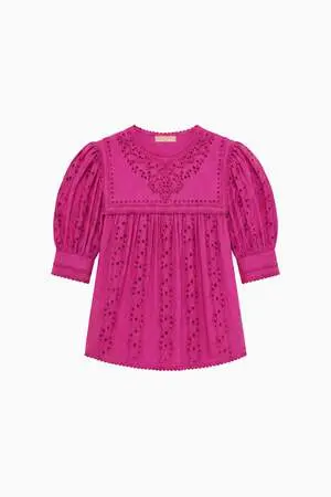 Ulla Johnson Una Short Sleeve Cotton Top With Puff Sleeves And Eyelet Embroidery