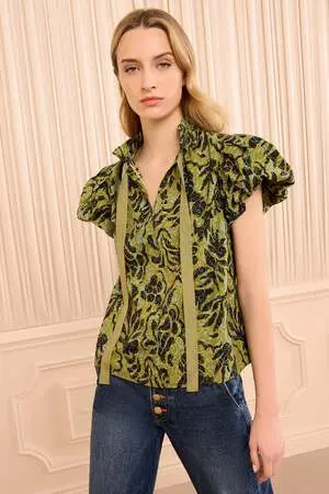 Ulla Johnson Estela Short Sleeve Cotton Top - Chartreuse
