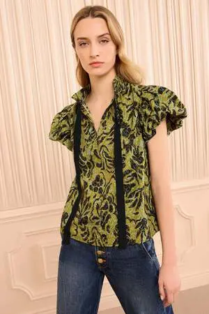Ulla Johnson Estela Short Sleeve Cotton Top With Bubble Sleeves And Ruffle Collar