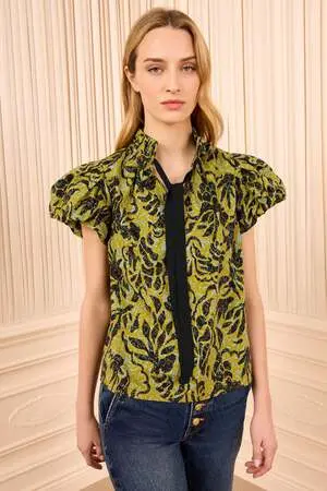 Ulla Johnson Estela Short Sleeve Cotton Top With Bubble Sleeves And Ruffle Collar
