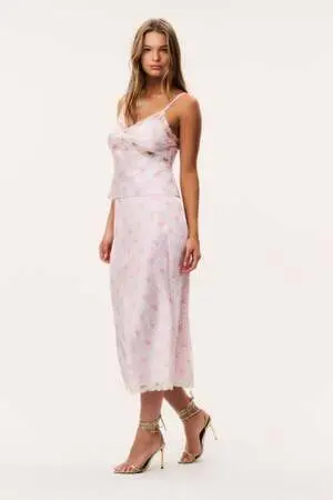 LoveShackFancy Castle Floral Satin Maxi Skirt - Eucalyptus