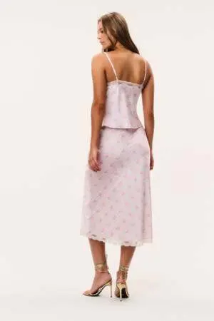 LoveShackFancy Castle Floral Satin Maxi Skirt - Eucalyptus