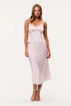 LoveShackFancy Castle Floral Satin Midi Skirt With Lace Trim - Eucalyptus