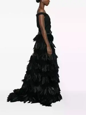 VESTIAIRE D'UN OISEAU LIBRE Feather-embellished Maxi Skirt - Black