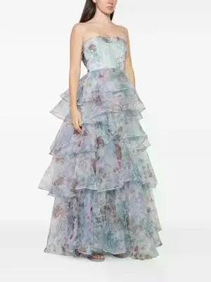 Aje Gabriella Floral Print Strapless Tiered Maxi Dress