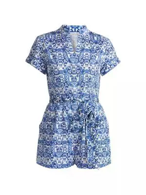 Alice + Olivia Majolica-print Belted Playsuit - Blue