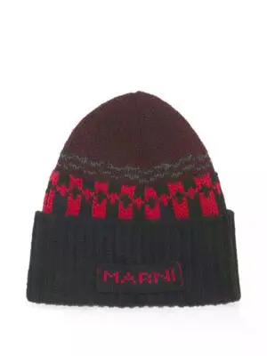 Marni Red Wool Beanie With Geometric Motif - Black