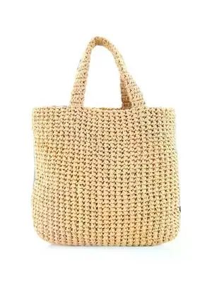 Prada Logo Raffia Small Tote Bag - Neutrals