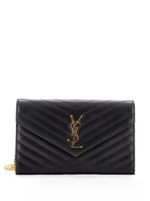 Saint Laurent Classic Monogram Wallet On Chain Matelasse Chevron Leather Medium Crossbody Bag - Black
