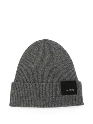 TOM FORD Ribbed-knit Logo-patch Beanie Hat - Grey