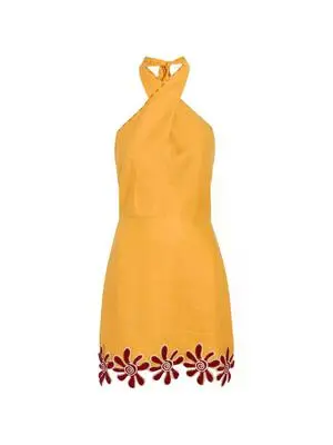 CALA DE LA CRUZ Veneta Floral-appliqué Halterneck Mini Dress - Yellow