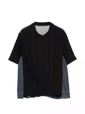 Sacai Cable-knit Denim-panel Sweater - Blue