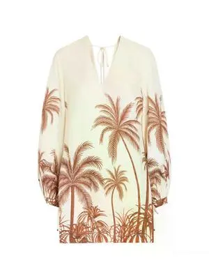 ANDRES OTALORA Y El Mar Palm Tree-print V-neck Mini Dress - Neutrals