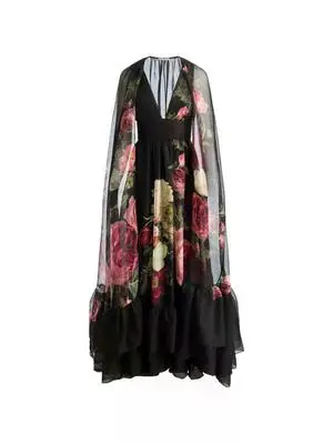 Alice + Olivia Roya Floral-print Cape-sleeve Maxi Dress - Black