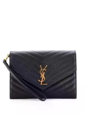 Saint Laurent Classic Monogram Envelope Wristlet Mixed Matelasse Leather Clutch Bag - Black