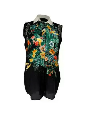 Sandro Sleeveless Floral Print Lace Panel Blouse - Black