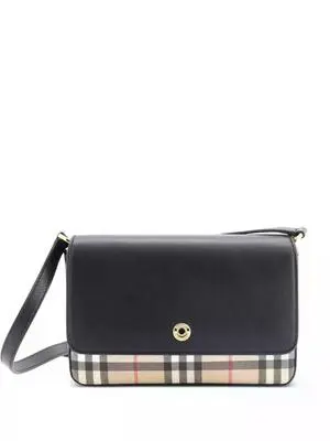 Burberry New Hampshire Shoulder Bag In Leather And Vintage Check Coated Canvas - Black