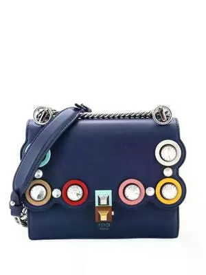 Fendi Eyelet Kan I Bag Leather With Crystals Small Shoulder Bag - Blue
