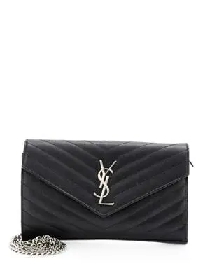 Saint Laurent Classic Monogram Wallet On Chain Matelasse Chevron Leather Medium Crossbody Bag - Black