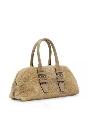 Pinko Faux-shearling Buckle-detail Tote Bag - Neutrals