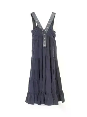 LOUIS VUITTON Navy Silk Tiered Midi Dress With Leather Trim