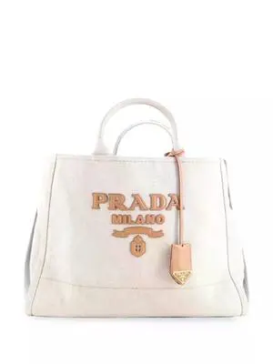 Prada Logo Linen Blend Large Tote Bag - Brown