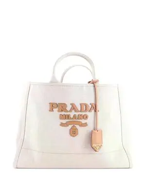 Prada Logo Linen Blend Large Tote Bag - Brown