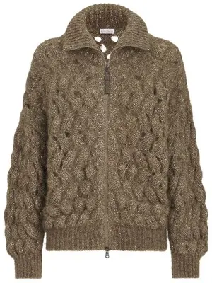 Brunello Cucinelli Cardigan Dazzling Zigzag Cables In Mohair And Wool - Brown