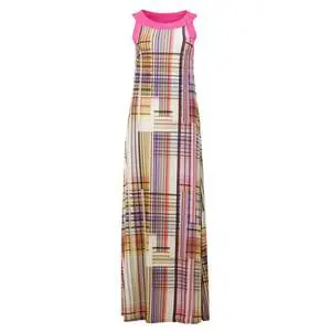 CONQUISTA Modern Tartan Maxi Dress With Pop Color Accents - Pink