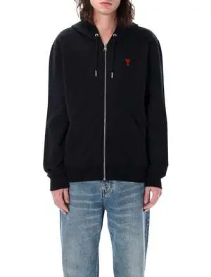 AMI Paris Loopback Organic Cotton Zip-up Hoodie With Logo Embroidery - Nero