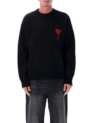 AMI Paris Wool Crewneck Sweater With Intarsia Heart - Nero