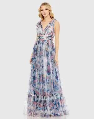 Mac Duggal Floral Print Soft Tie Gown - Blue Multi