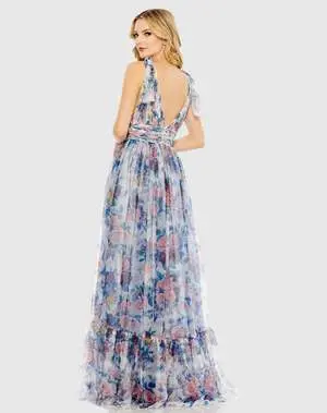 Mac Duggal Floral Print Soft Tie Gown - Blue Multi