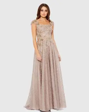 Mac Duggal Beige Embellished Cap Sleeve Square Neck A Line Gown - Mocha