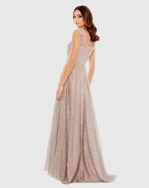 Mac Duggal Embellished Square Neck Cap Sleeve Gown