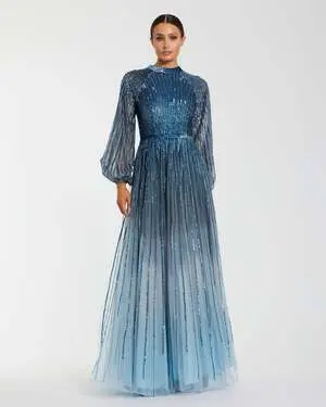 Mac Duggal Petite Ombr Sequin Long Sleeve A-line Evening Dress - Blue
