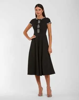 Mac Duggal Embellished Crepe Cap Sleeve Midi Dress - Black