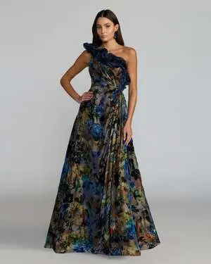 Mac Duggal One Shoulder Burnout Velvet Gown