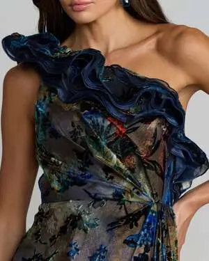 Mac Duggal One Shoulder Burnout Velvet Gown