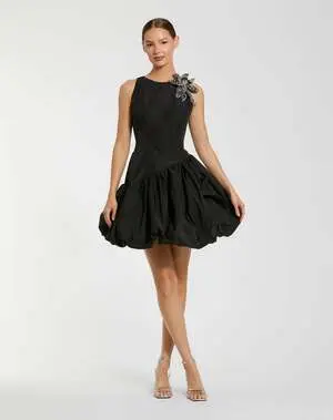Mac Duggal Bubble Hem Mini Dress With 3d Floral Appliqu - Black