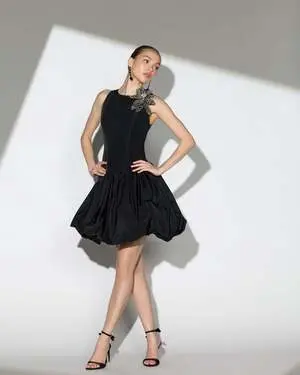 Mac Duggal Sleeveless Bubble Hem Mini Dress With 3d Floral Appliqu