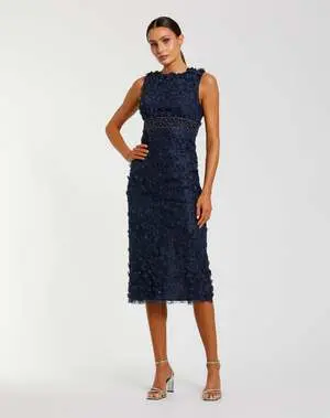 Mac Duggal Floral Applique Sleeveless Midi Dress - Navy