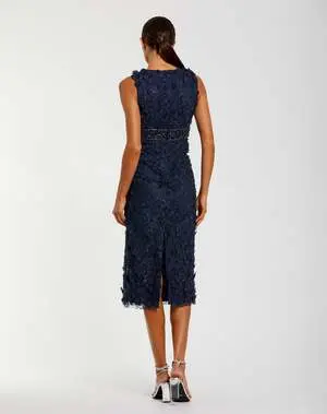 Mac Duggal Sleeveless High Neck Midi Dress With Floral Appliques And Beaded Waist - Navy