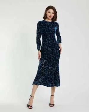 Mac Duggal Burnout Velvet Long Sleeve High Neck Midi Dress