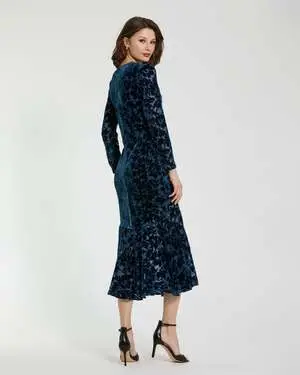 Mac Duggal Burnout Velvet Long Sleeve High Neck Midi Dress