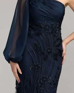 Mac Duggal One Sleeve Chiffon Embellished Gown