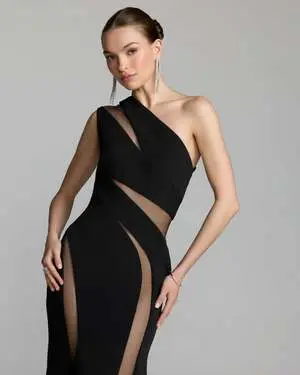 Mac Duggal One-shoulder Crepe Gown With Illusion Cutouts