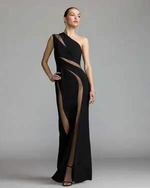 Mac Duggal One-shoulder Crepe Gown With Illusion Cutouts