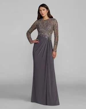 Mac Duggal Gray Embroidered Long Sleeve Jersey Gown