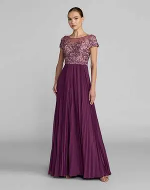 Mac Duggal Embroidered Cap Sleeve Pleated Gown